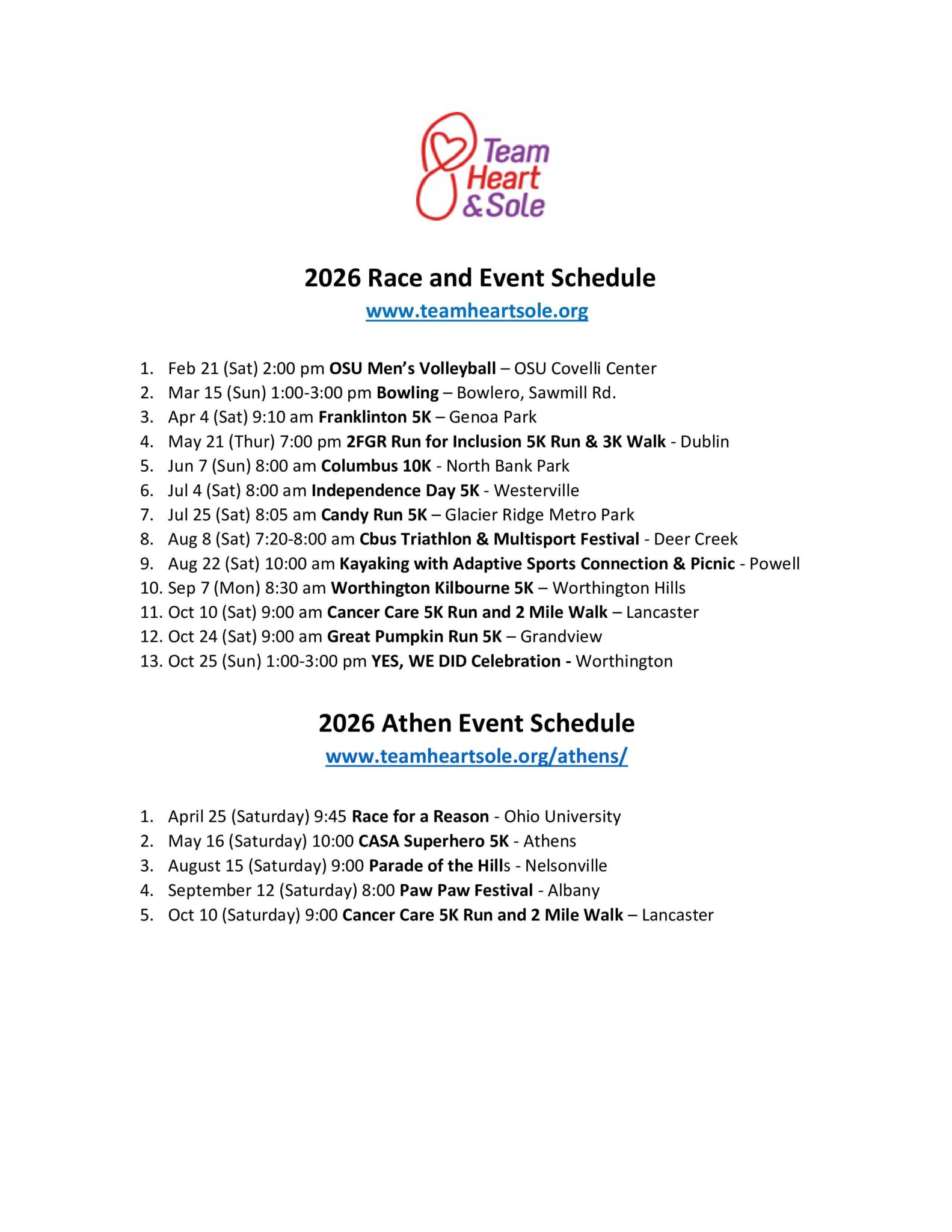 Printable Race Schedule - Team Heart and Sole